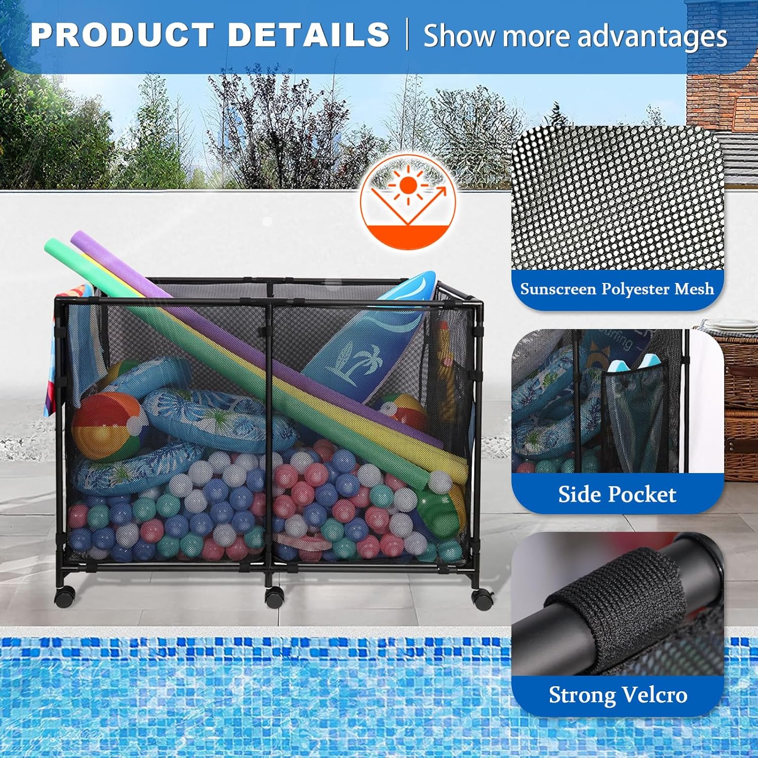 Arejonner Mesh Pool Storage Cart, 360° Wheels 47.2 x 23.6 x 23.6in - B ...